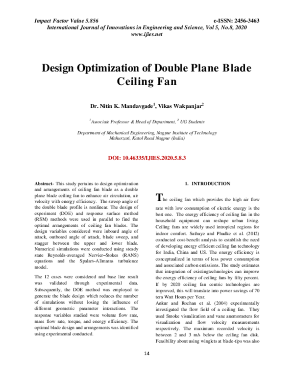 Pdf Design Optimization Of Double Plane Blade Ceiling Fan