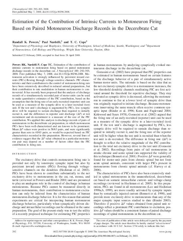 (PDF) Estimation of the Contribution of Intrinsic Currents to Motoneuron Firing Based on Paired ...