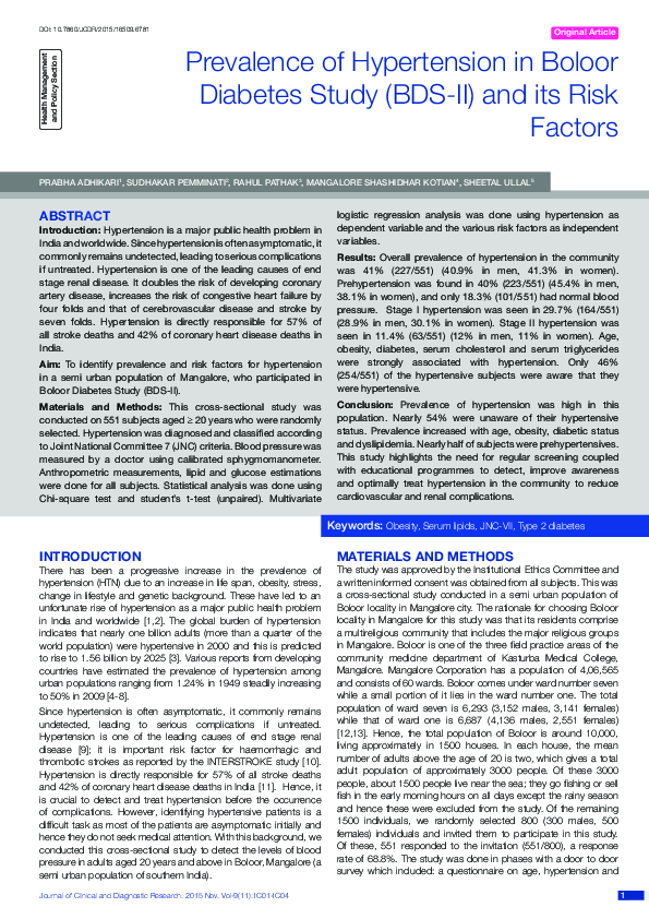 (PDF) Prevalence of Hypertension in Boloor Diabetes Study (BDS-II) and ...