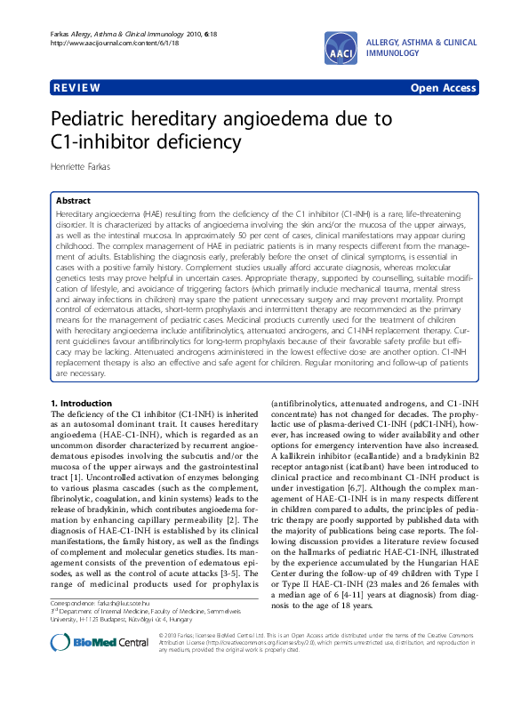 (PDF) Pediatric hereditary angioedema due to C1-inhibitor deficiency