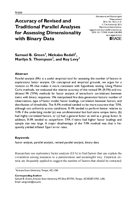 (PDF) Accuracy of Revised and Traditional Parallel Analyses for Assessing Dimensionality with ...