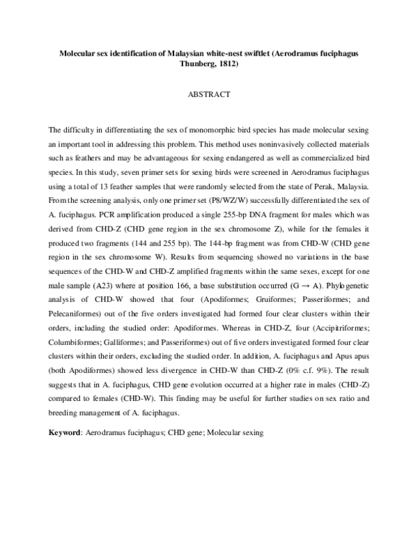 Pdf Molecular Sex Identification Of Malaysian White‐nest Swiftlet