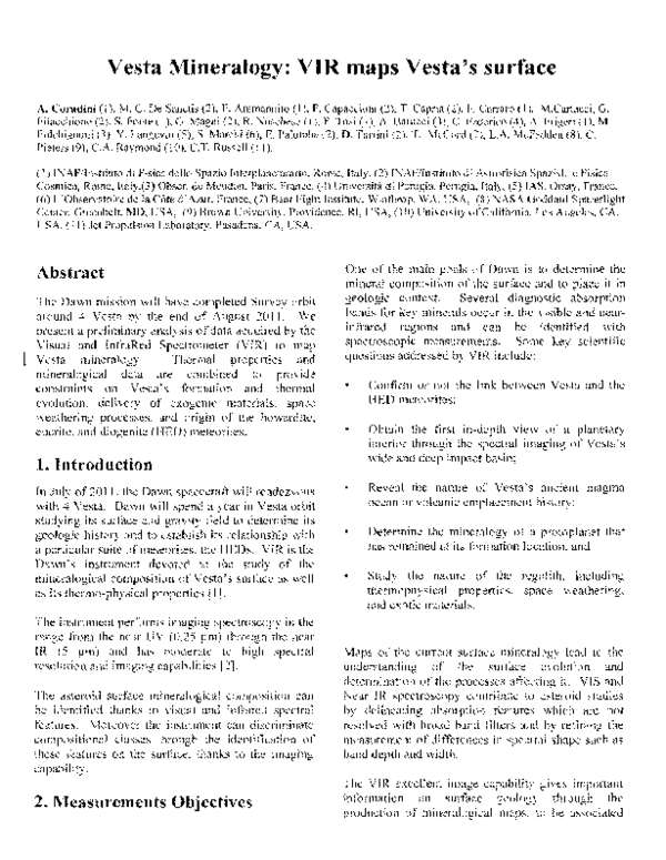 (PDF) Vesta Mineralogy: VIR maps Vesta’s surface