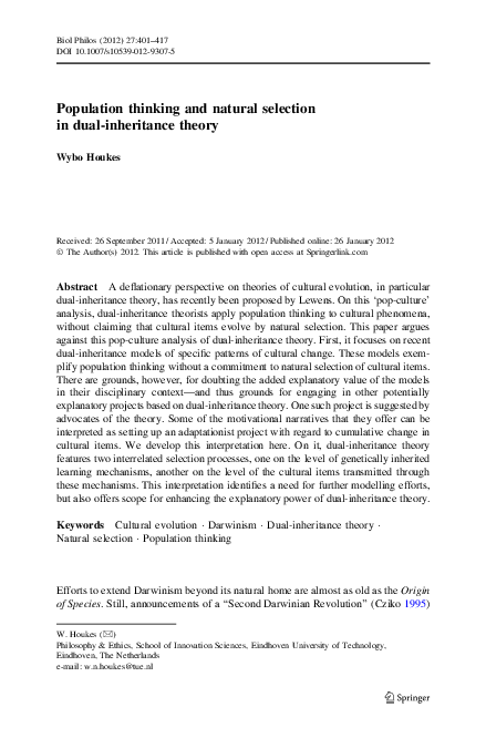 (PDF) Population thinking and natural selection in dual-inheritance theory