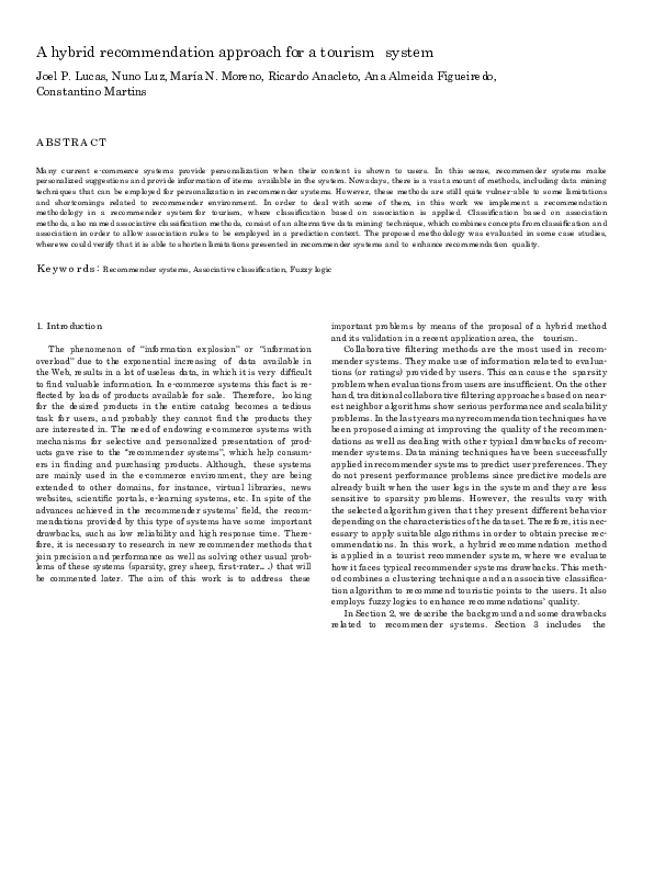 Pdf A Hybrid Recommendation Approach For A Tourism System