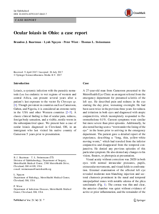 (PDF) Ocular loiasis in Ohio: a case report