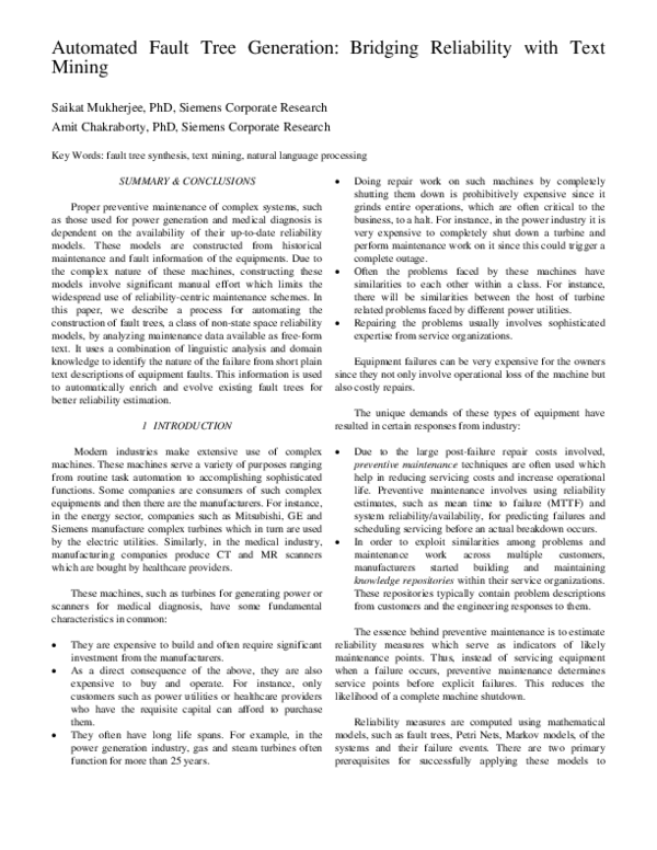 (PDF) Automated Fault Tree Generation: Bridging Reliability with Text Mining