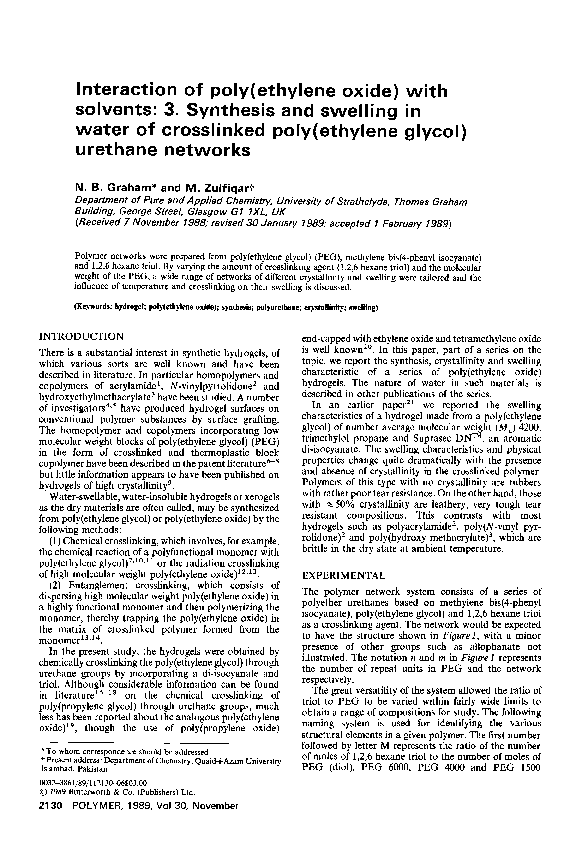 (PDF) Interaction of poly(ethylene oxide) with solvents: 3. Synthesis and swelling in water of ...