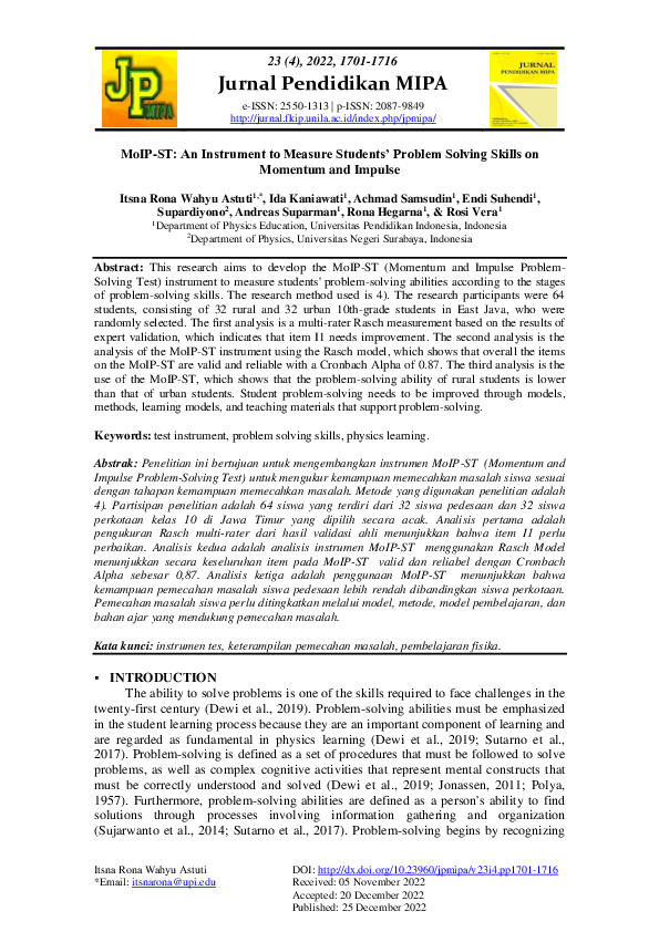 (PDF) MoIP-ST: An Instrument to Measure Students’ Problem Solving Skills on Momentum and Impulse