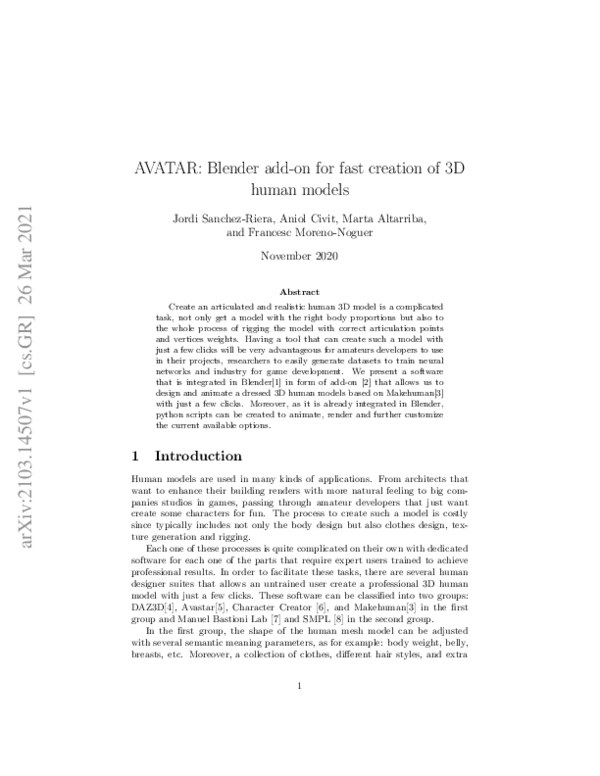 (PDF) AVATAR: Blender add-on for fast creation of 3D human models