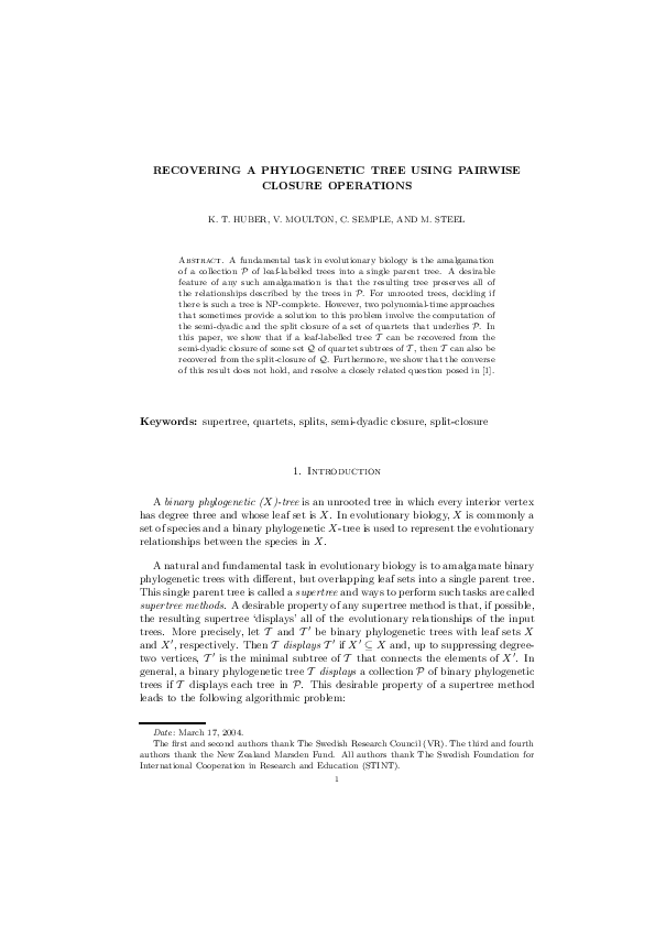 (PDF) Recovering a phylogenetic tree using pairwise closure operations