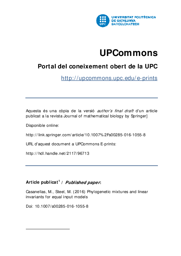 (PDF) Phylogenetic mixtures and linear invariants for equal input models