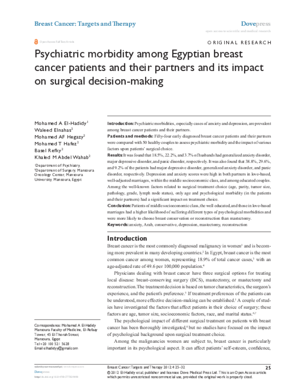 (PDF) Psychiatric morbidity among Egyptian breast cancer patients and ...