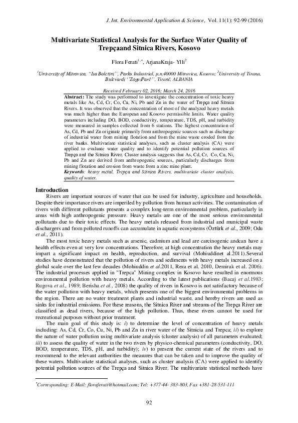 (PDF) Multivariate Statistical Analysis for the Surface Water Quality ...