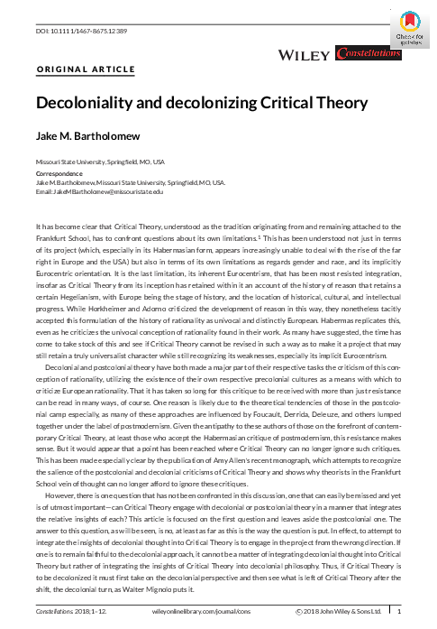 (PDF) Decoloniality and decolonizing Critical Theory