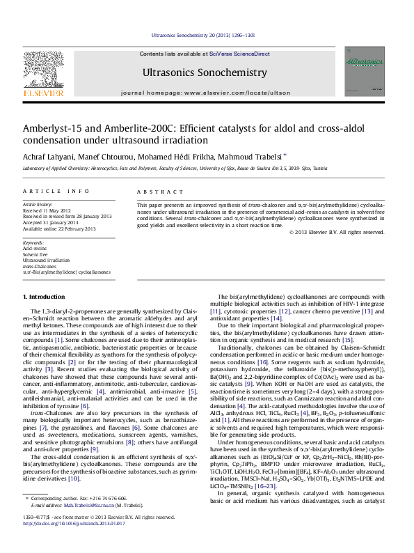 (PDF) Amberlyst-15 and Amberlite-200C: Efficient catalysts for aldol ...