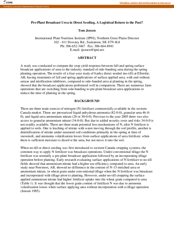 (PDF) Pre-plant broadcast urea in direct seeding, a logistical return ...