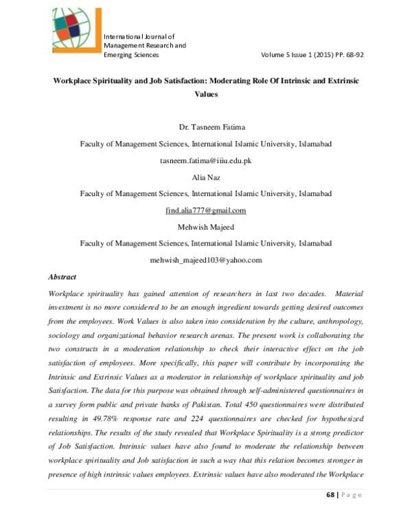 (PDF) Workplace Spirituality and Job Satisfaction: Moderating Role Of ...