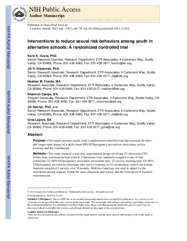 Pdf Interventions To Reduce Sexual Risk Behaviors Among Youth In