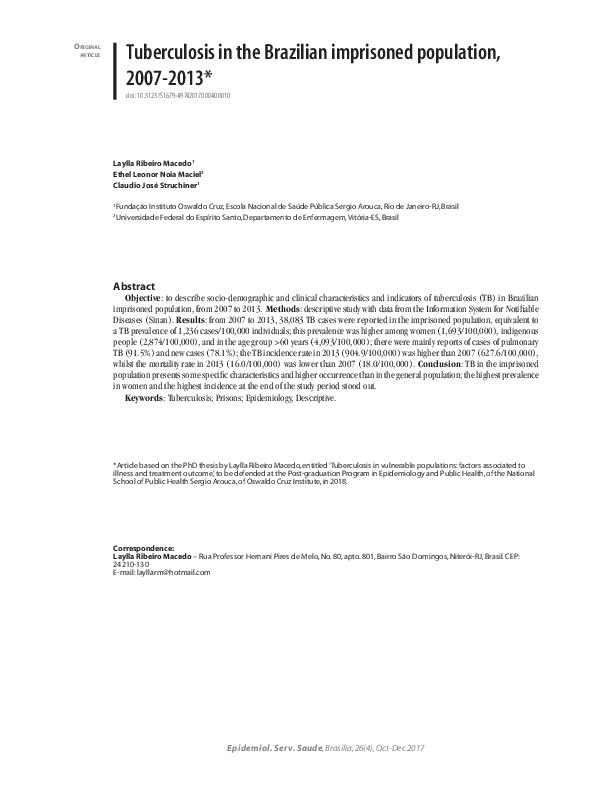 (PDF) Tuberculosis Prevalence in Brazilian Prisons (2007-2013)
