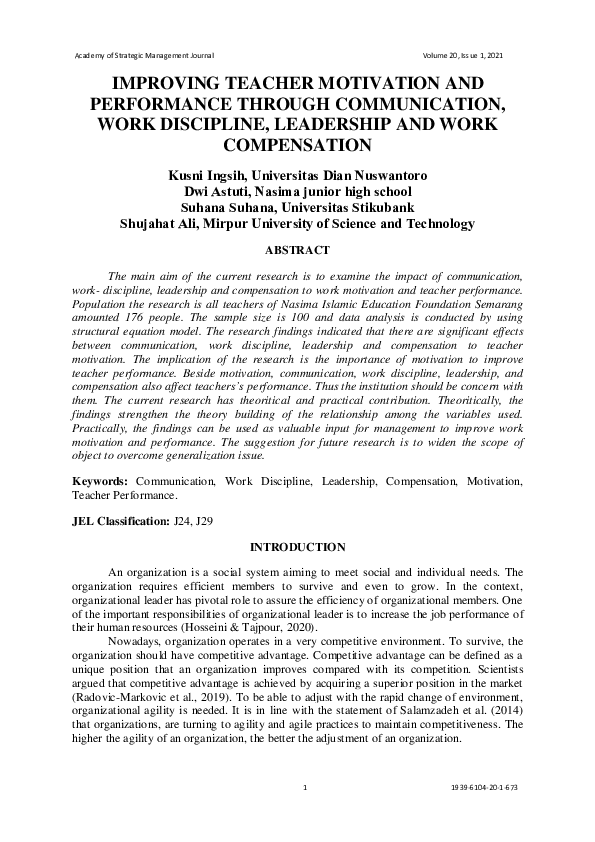 (PDF) Improving Teacher Motivation and Performance through Communication, Work Discipline ...
