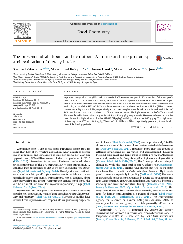 (PDF) The presence of aflatoxins and ochratoxin A in rice and rice ...