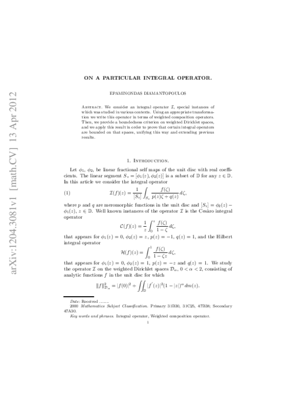 (PDF) On a particular integral operator