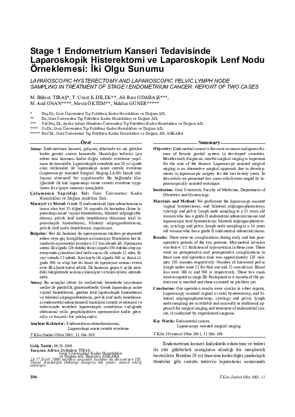 (PDF) Stage 1 Endometrium Kanseri Tedavisinde Laparoskopik Histerektomi ...
