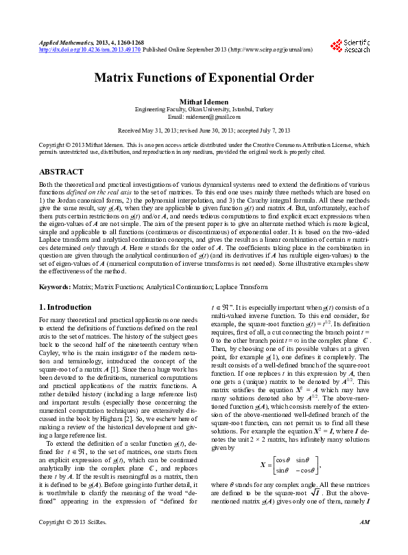 Pdf Matrix Functions Of Exponential Order 5508