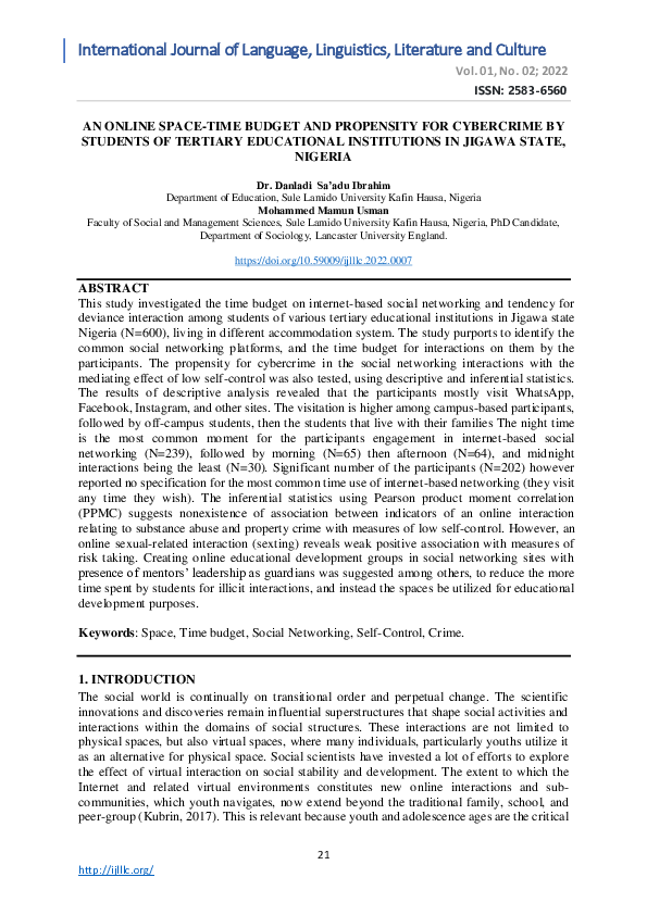 (PDF) An Online Space-Time Budget and Propensity for Cybercrime by Students of Tertiary ...