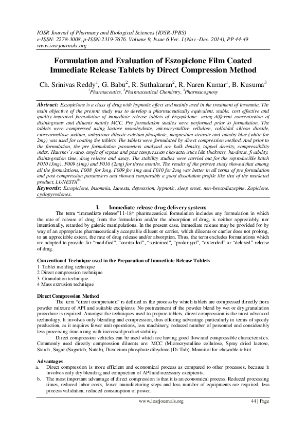 (PDF) Eszopiclone Immediate Release Tablet Formulation