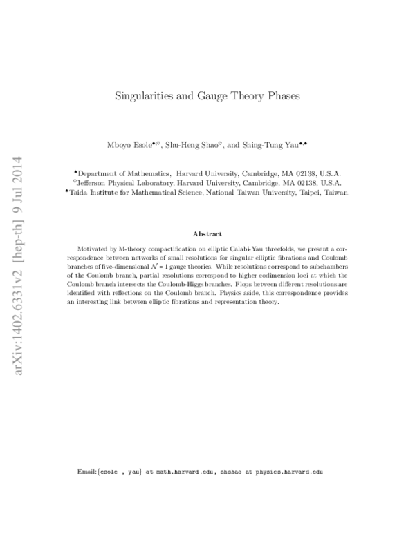 (PDF) Singularities and gauge theory phases