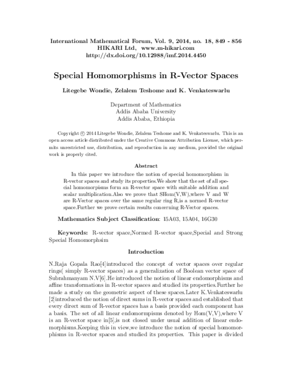 (PDF) Special homomorphisms in R-vector spaces