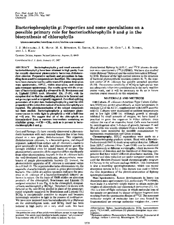 (PDF) Bacteriopheophytin g : Properties and some speculations on a ...