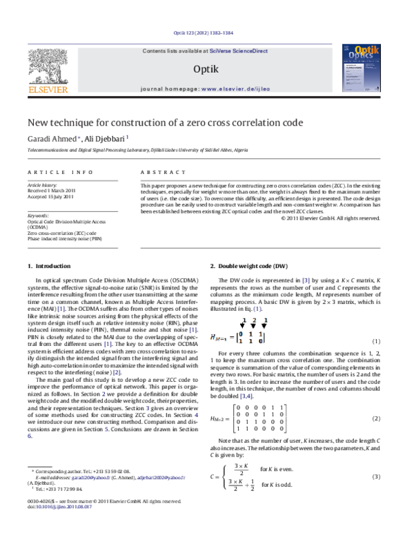 (PDF) New technique for construction of a zero cross correlation code (PDF) New technique for construction of a zero cross correlation code