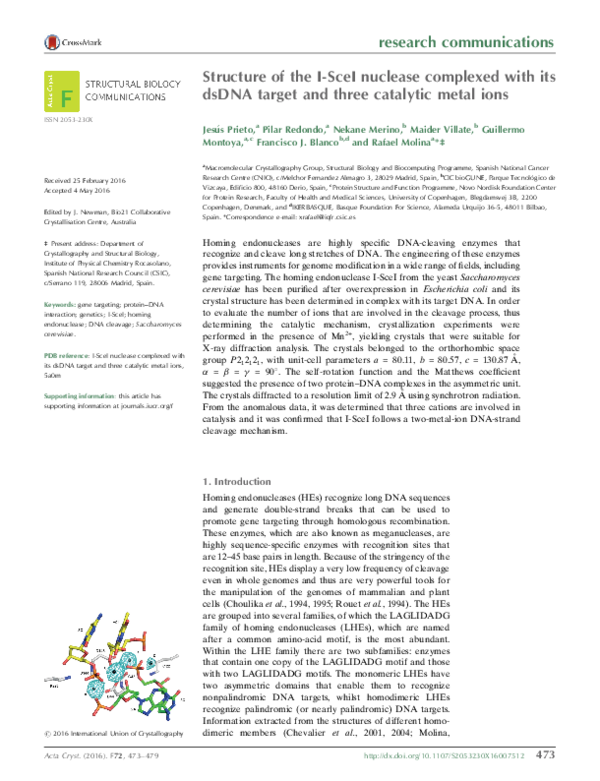 (PDF) Structure of the I-SceI nuclease complexed with its dsDNA target ...