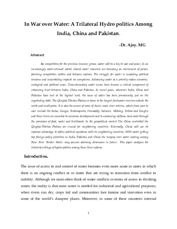 (PDF) In War over Water: A Trilateral Hydro politics Among India, China ...