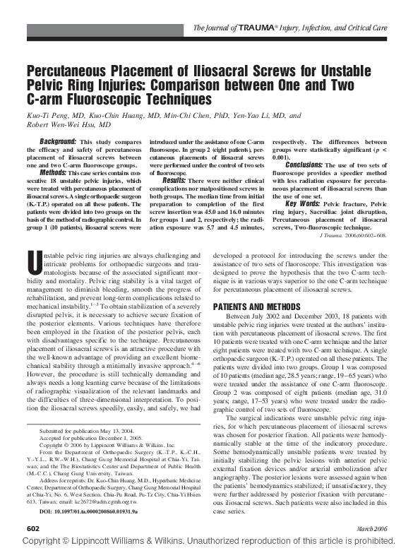 (PDF) Percutaneous Placement of Iliosacral Screws for Unstable Pelvic ...