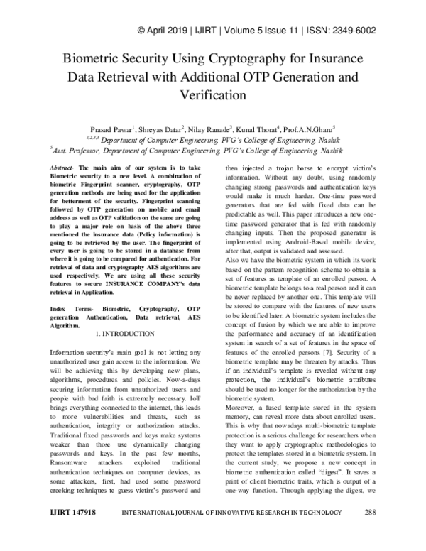 (PDF) Biometric Security Using Cryptography for Insurance Data Retrieval with Additional Otp ...