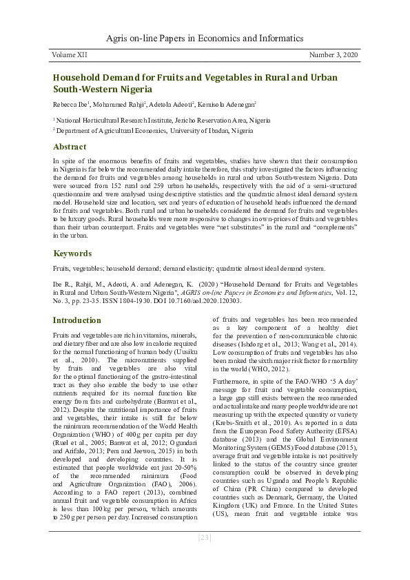 (PDF) Household Demand for Fruits and Vegetables in Rural and Urban ...