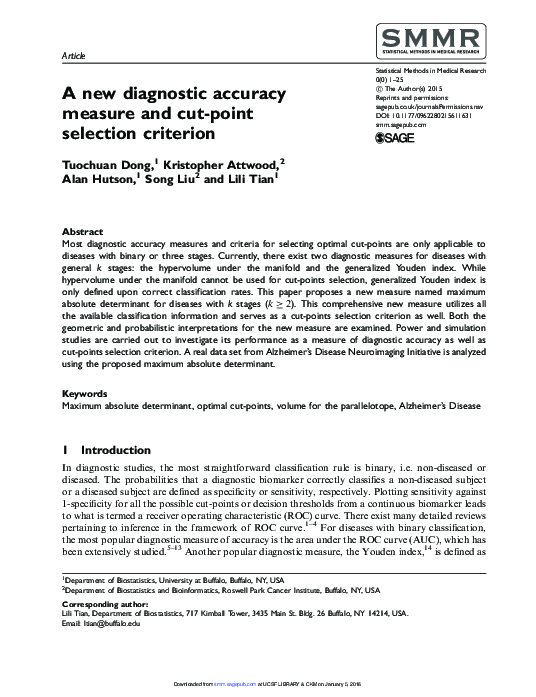 Pdf A New Diagnostic Accuracy Measure And Cut Point Selection Criterion