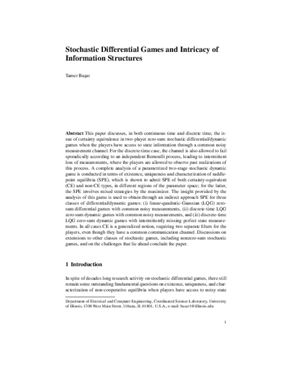 Pdf Stochastic Differential Games And Intricacy Of Information Structures