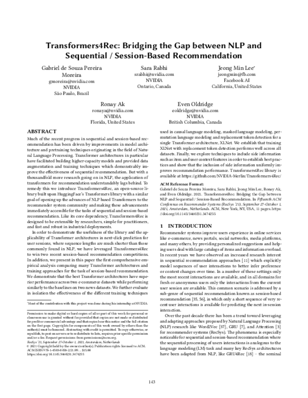 (PDF) Transformers4Rec: Bridging the Gap between NLP and Sequential / Session-Based Recommendation