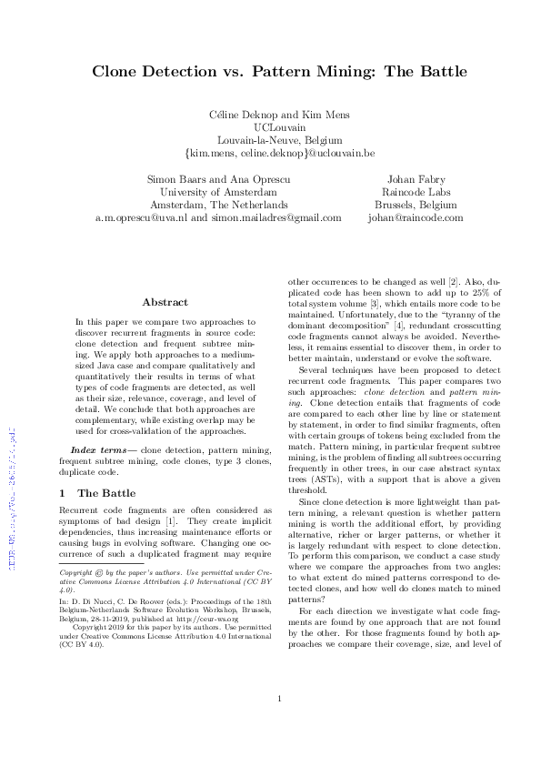 Pdf Clone Detection Vs Pattern Mining The Battle Céline Deknop