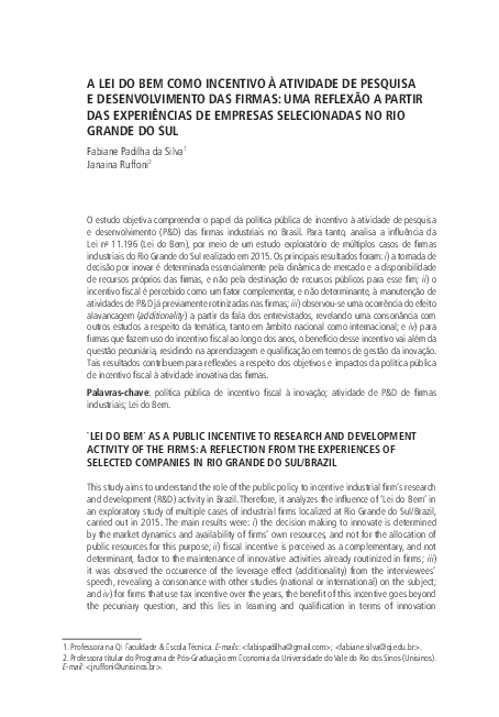 (PDF) A Lei do Bem como incentivo à atividade de pesquisa e desenvolvimento das firmas : uma ...