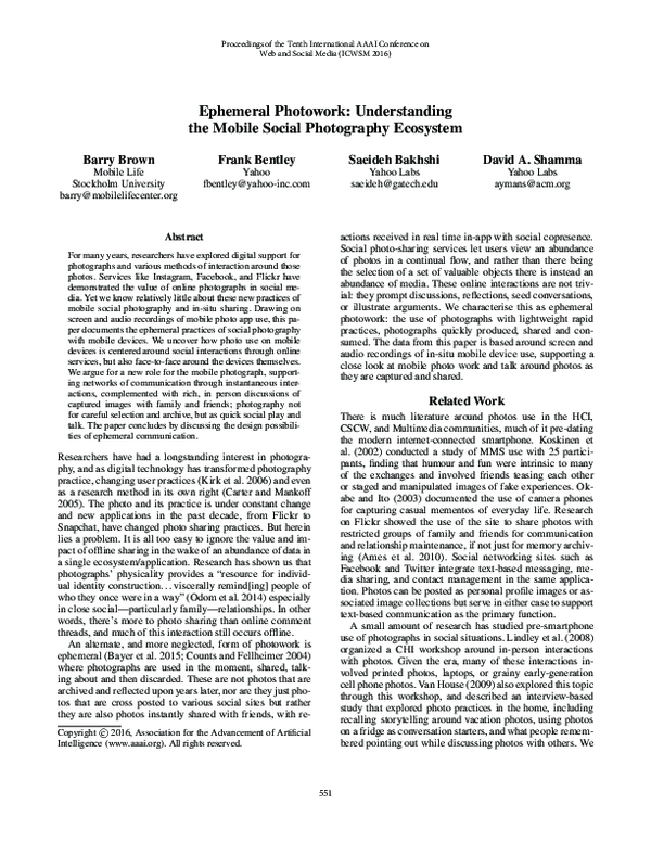 (PDF) Ephemeral Photowork: Understanding the Mobile Social Photography Ecosystem
