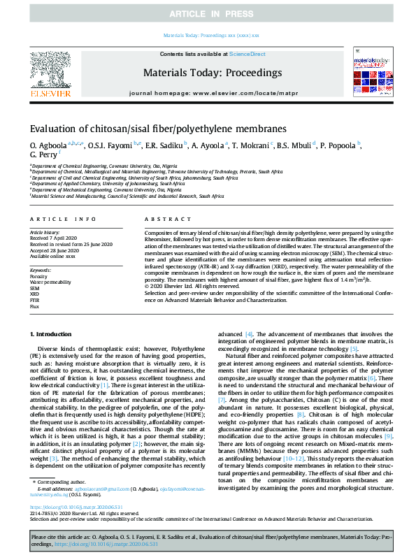 (PDF) Chitosan/Sisal Fiber/PE Membranes Evaluation