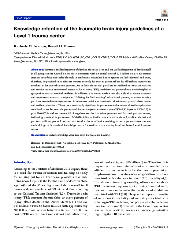 (PDF) Knowledge retention of the traumatic brain injury guidelines at a ...