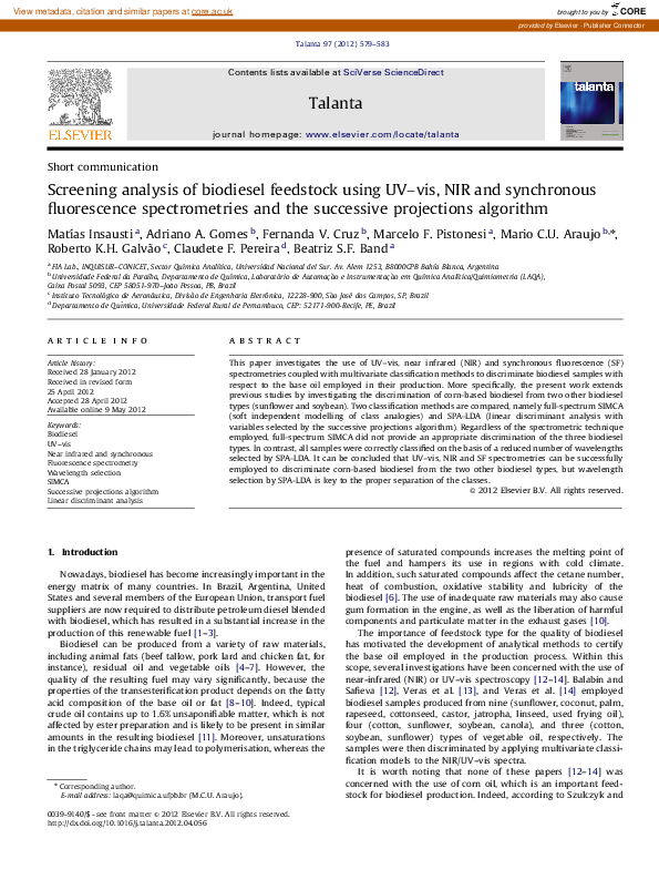 Pdf Screening Analysis Of Biodiesel Feedstock Using Uvvis Nir And Synchronous Fluorescence