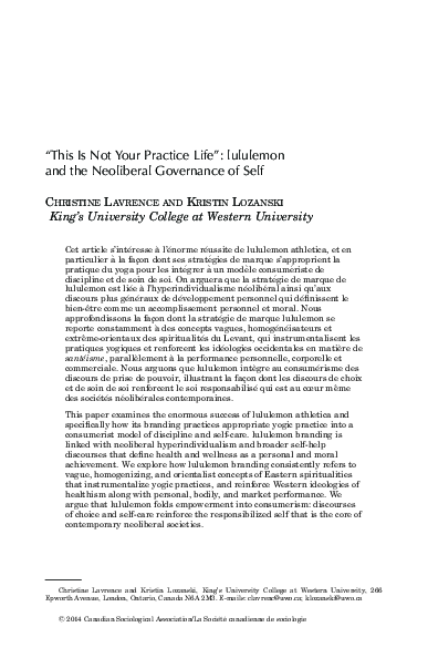 (PDF) “This Is Not Your Practice Life”: lululemon and the Neoliberal ...